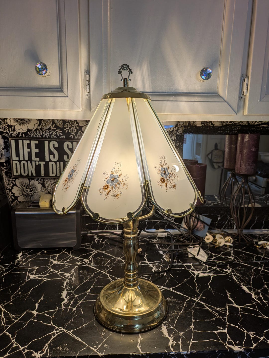 Vintage Touch Lamp LRG Accent Table Night Light Brass Tone Floral Glass ...