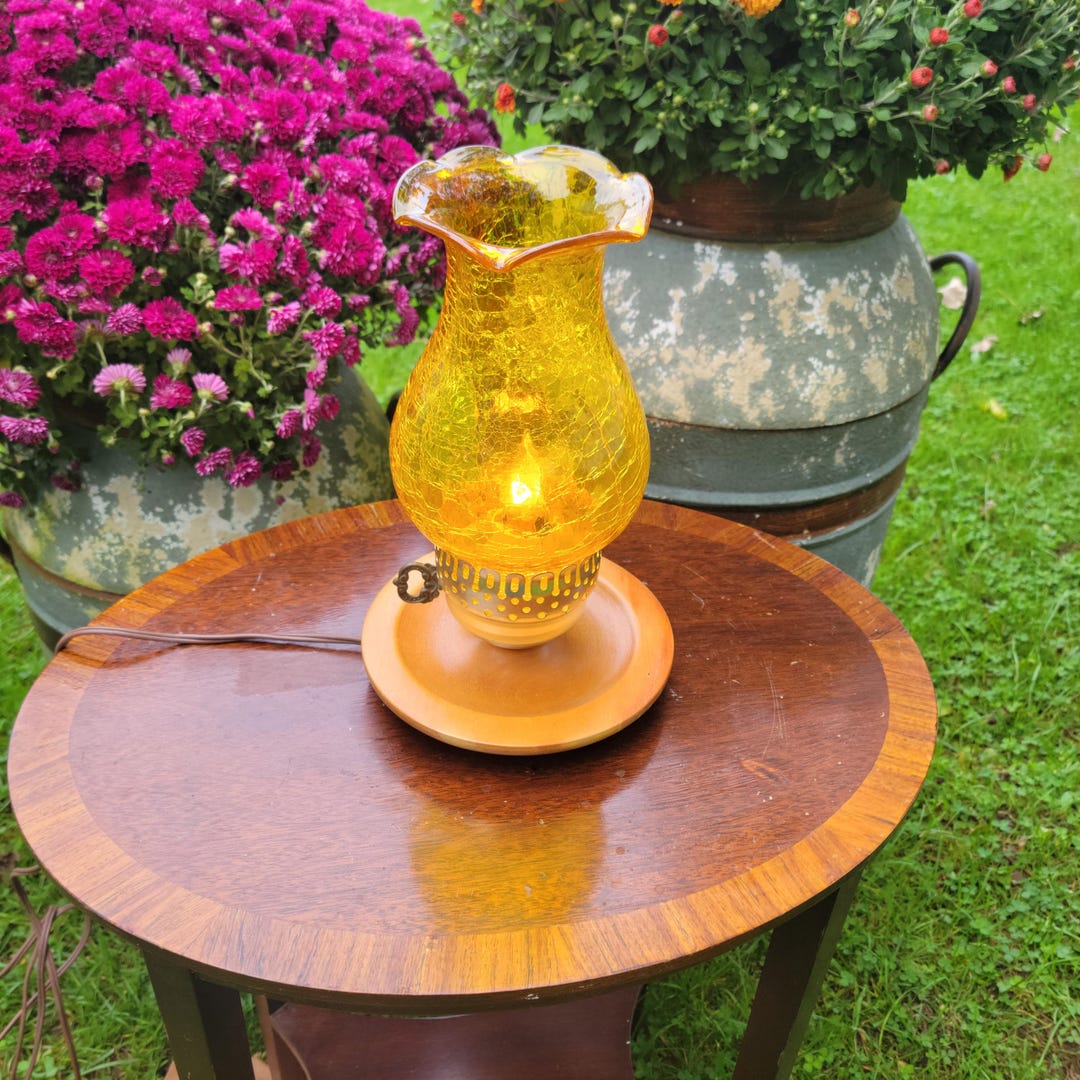 Vintage Hurricane Lamp Amber Crackle Glass Shade Wooden Base Mid ...