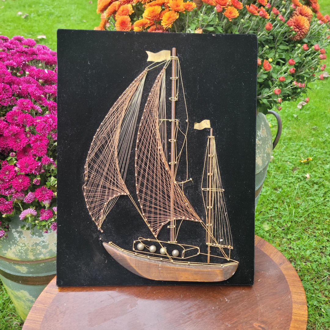 Vintage Ship Wall Hanging Wire String Art Sailboat Nautical Themed Mid ...