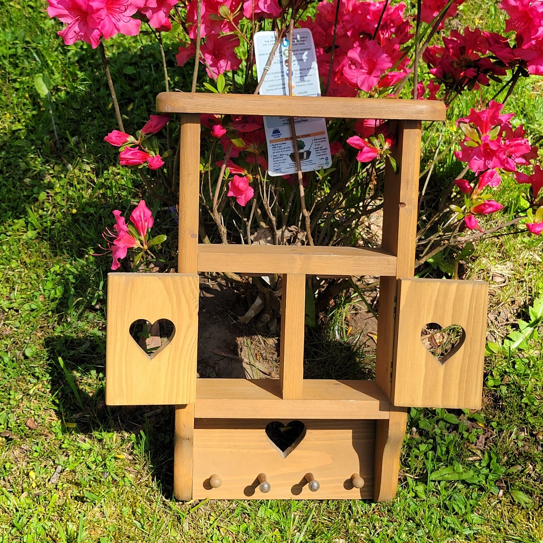 Primitive Wooden Wall Shelf Cabinet Peg Hook Rack Hearts Doors Shadow ...