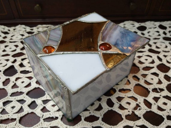 Stained Slag Glass Box Bohemian Vintage Leaded Hinged Gem