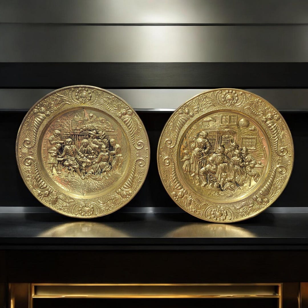 Vintage Brass Wall Hanging Plates England Colonial Tavern Scene Early ...