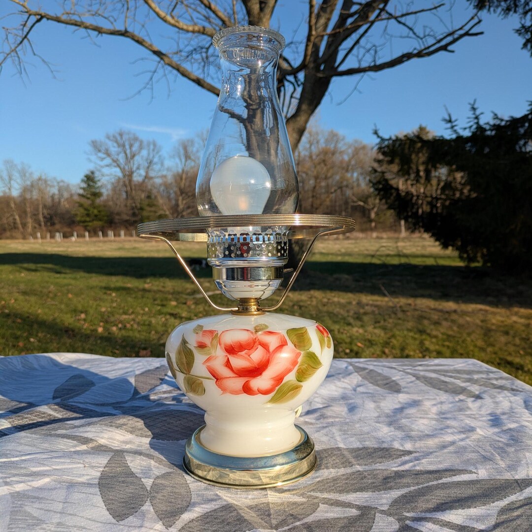Vintage Hurricane Lamp Base Painted Rose Brass Glass Chimney Milk Glass ...