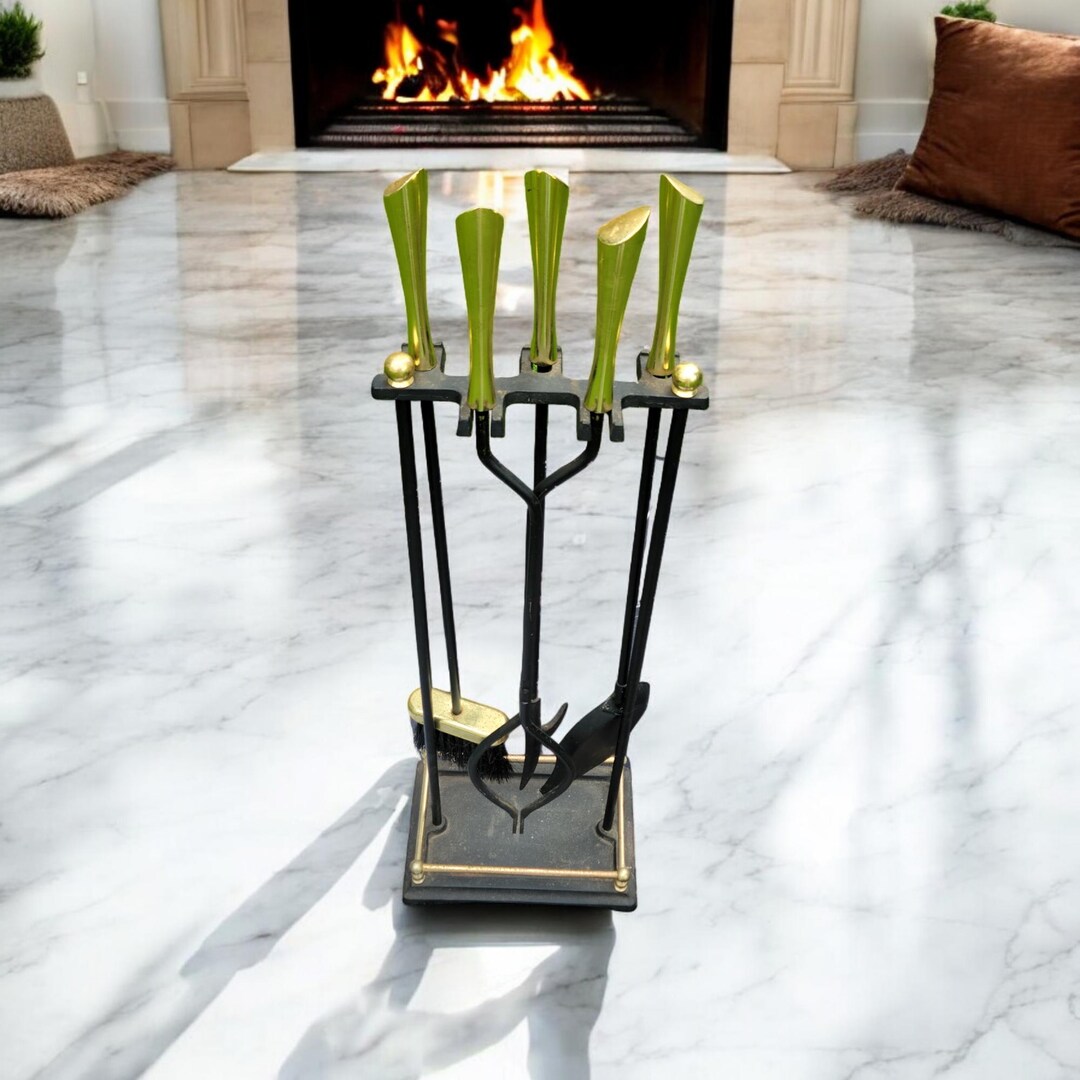 Vintage Fireplace Tool Set Brass Shovel Metal Tongs Poker Broom Stand ...