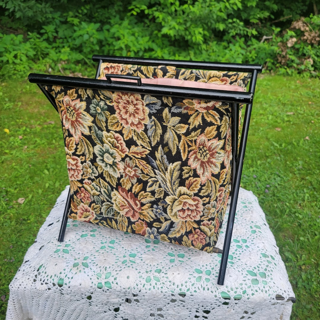 Vintage Kitting Stand Folding Portable Sewing Storage Basket Tapestry ...