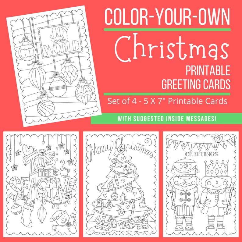 Christmas Printable Coloring Cards (4 Pack) | 4 Printable PDF Christmas ...
