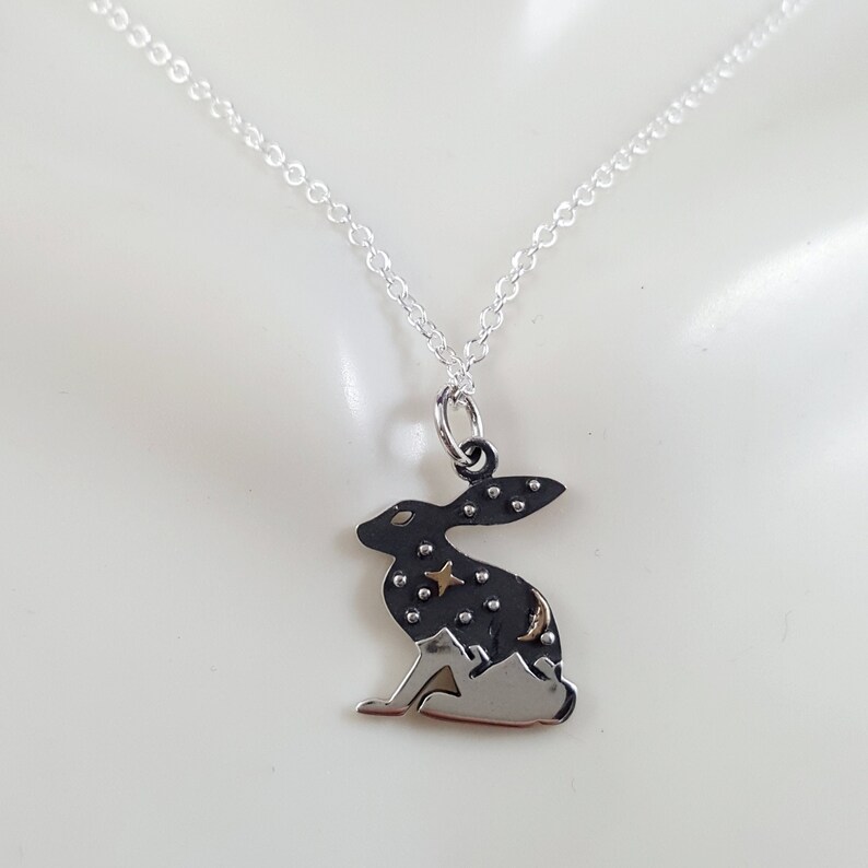 Rabbit Necklace. Sterling Silver Bunny Necklace. Night Sky. Stars Moon ...