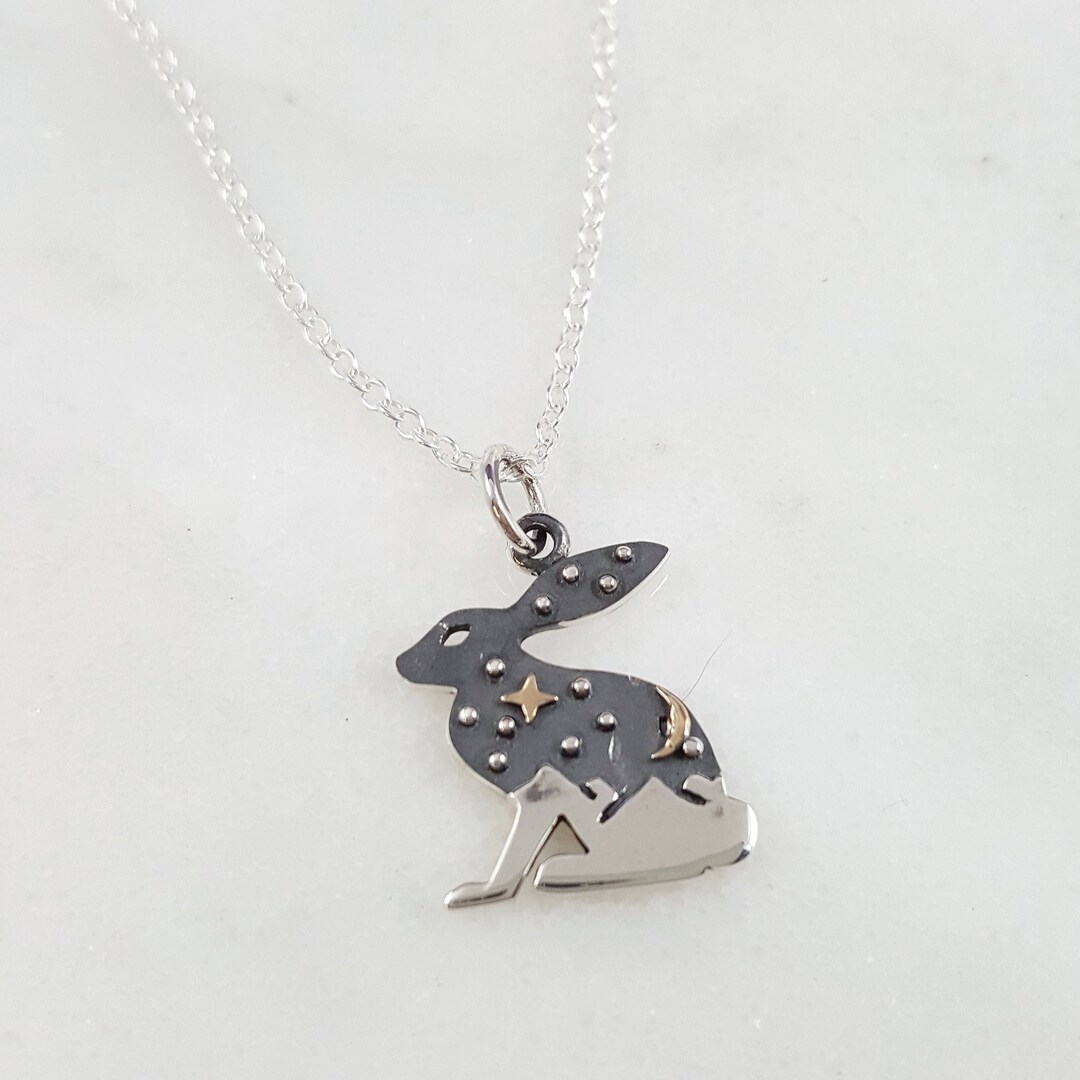 Rabbit Necklace. Sterling Silver Bunny Necklace. Night Sky. Stars Moon ...
