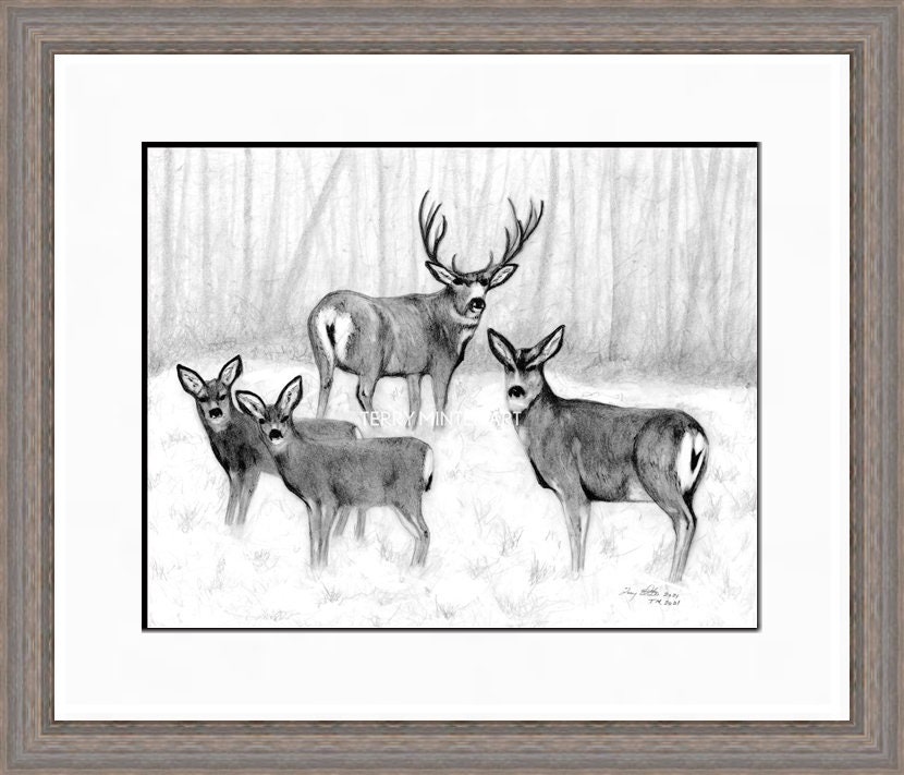 Mule Deer Herd Print: Graphite Pencil Animal Sketch (11" X 14") - Etsy