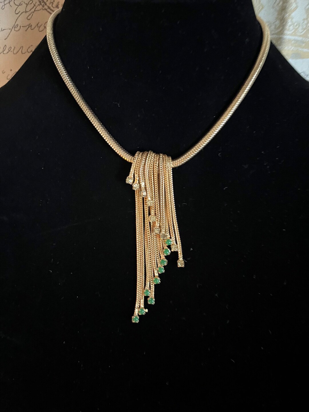 Vintage 1960s 1970s Waterfall Design Rhinestone and Green Cabochon ...