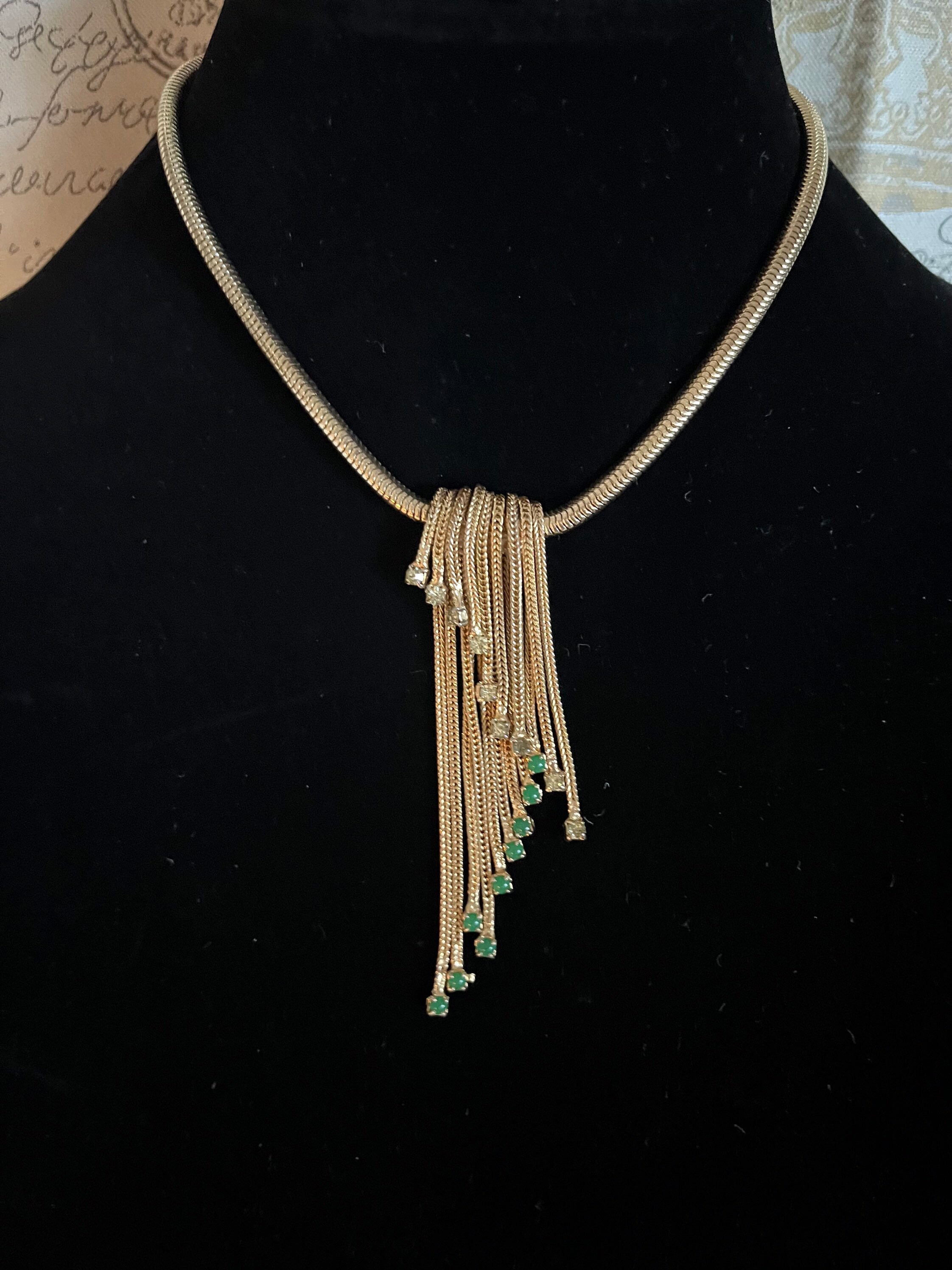 Vintage 1960s 1970s Waterfall Design Rhinestone and Green Cabochon ...