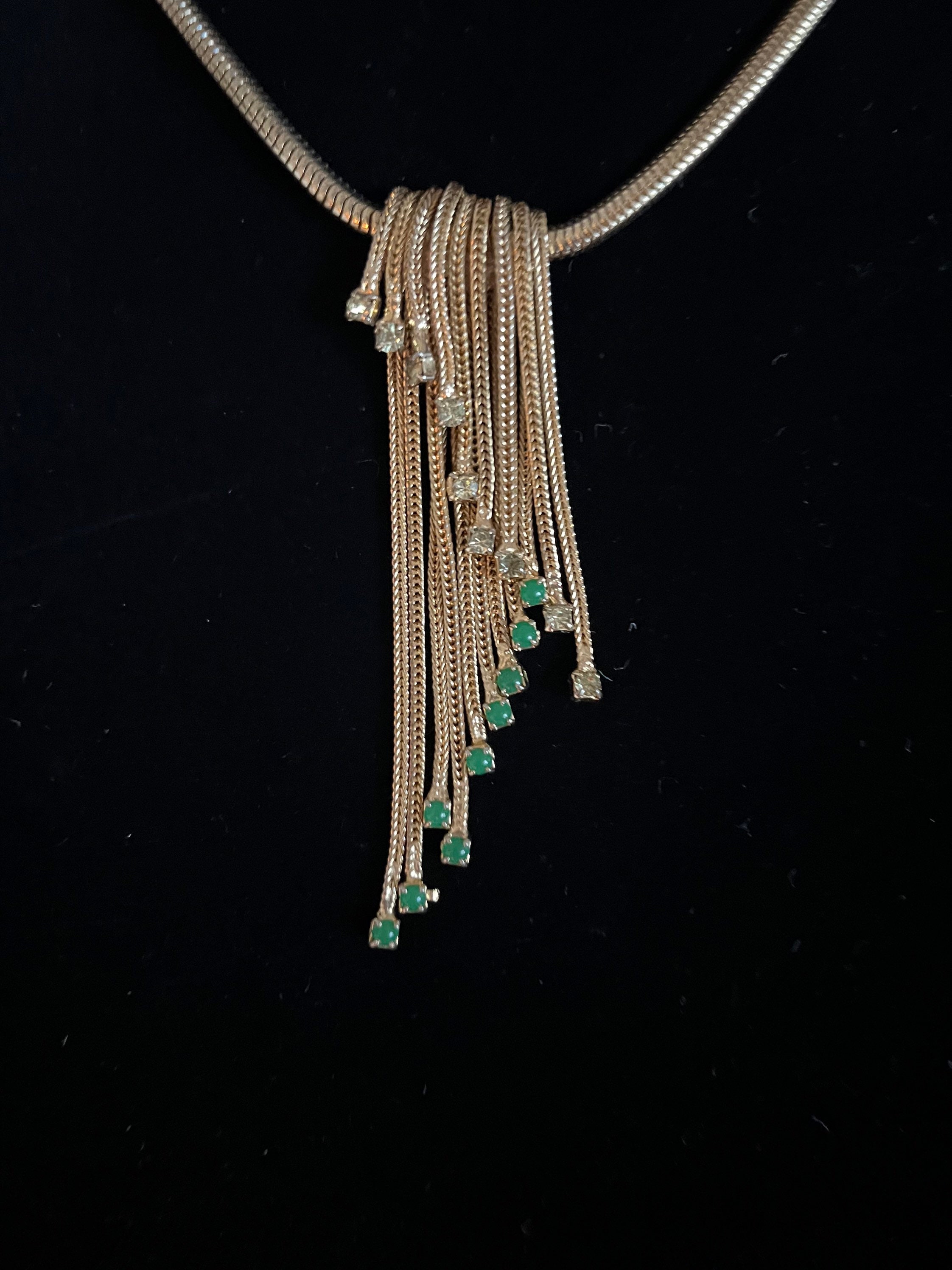 Vintage 1960s 1970s Waterfall Design Rhinestone and Green Cabochon ...