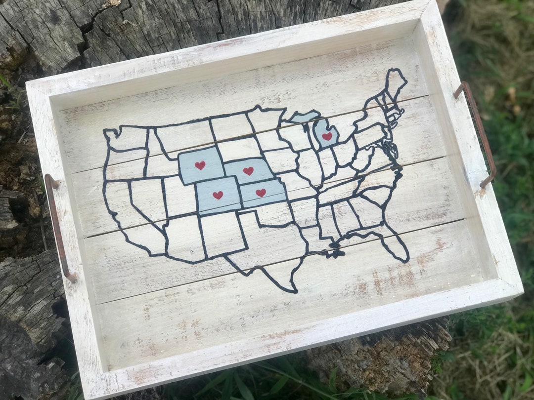 Custom United States, White Washed Wood Tray Rustic Serving Tray, Gray ...
