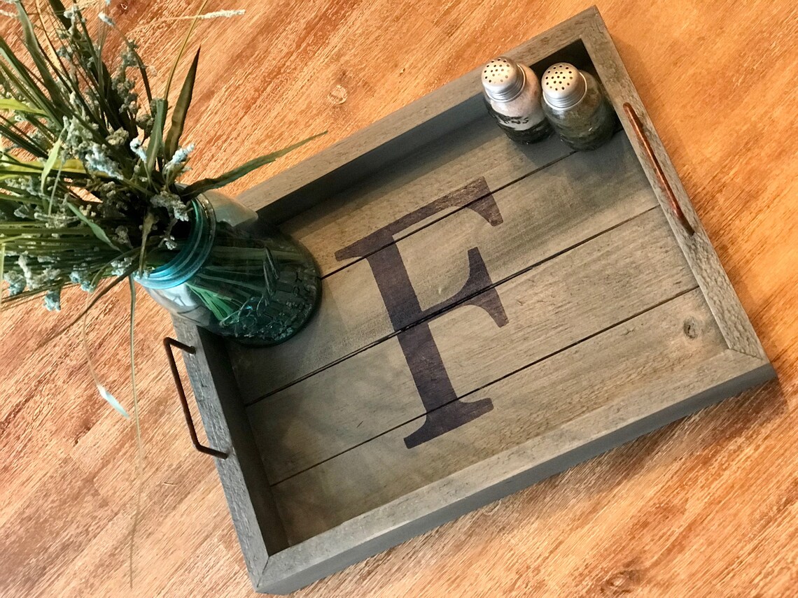 Custom Grey Washed Wood Tray Monogram Tray Rustic Serving | Etsy