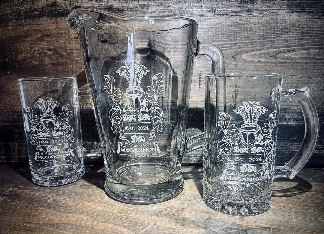 Personalized Laser Engraved Family Crest Beer Pitcher With Beer Mugs ...
