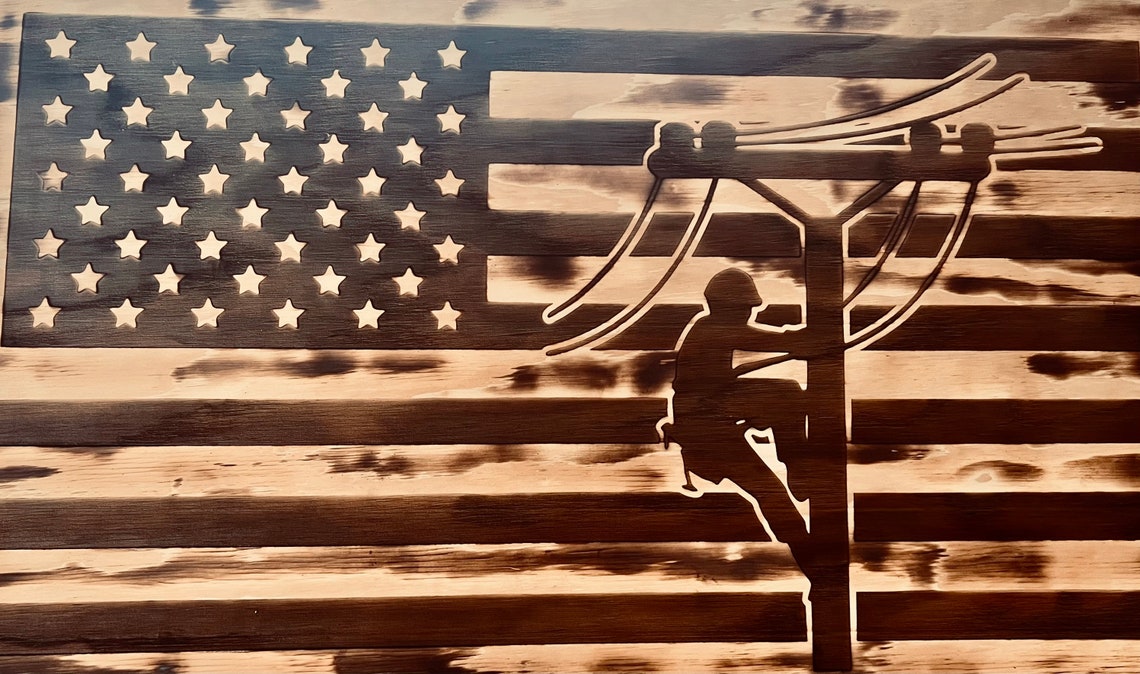 Hanging Laser Engraved American Flag Lineman|engraved Flag|wood Wall ...