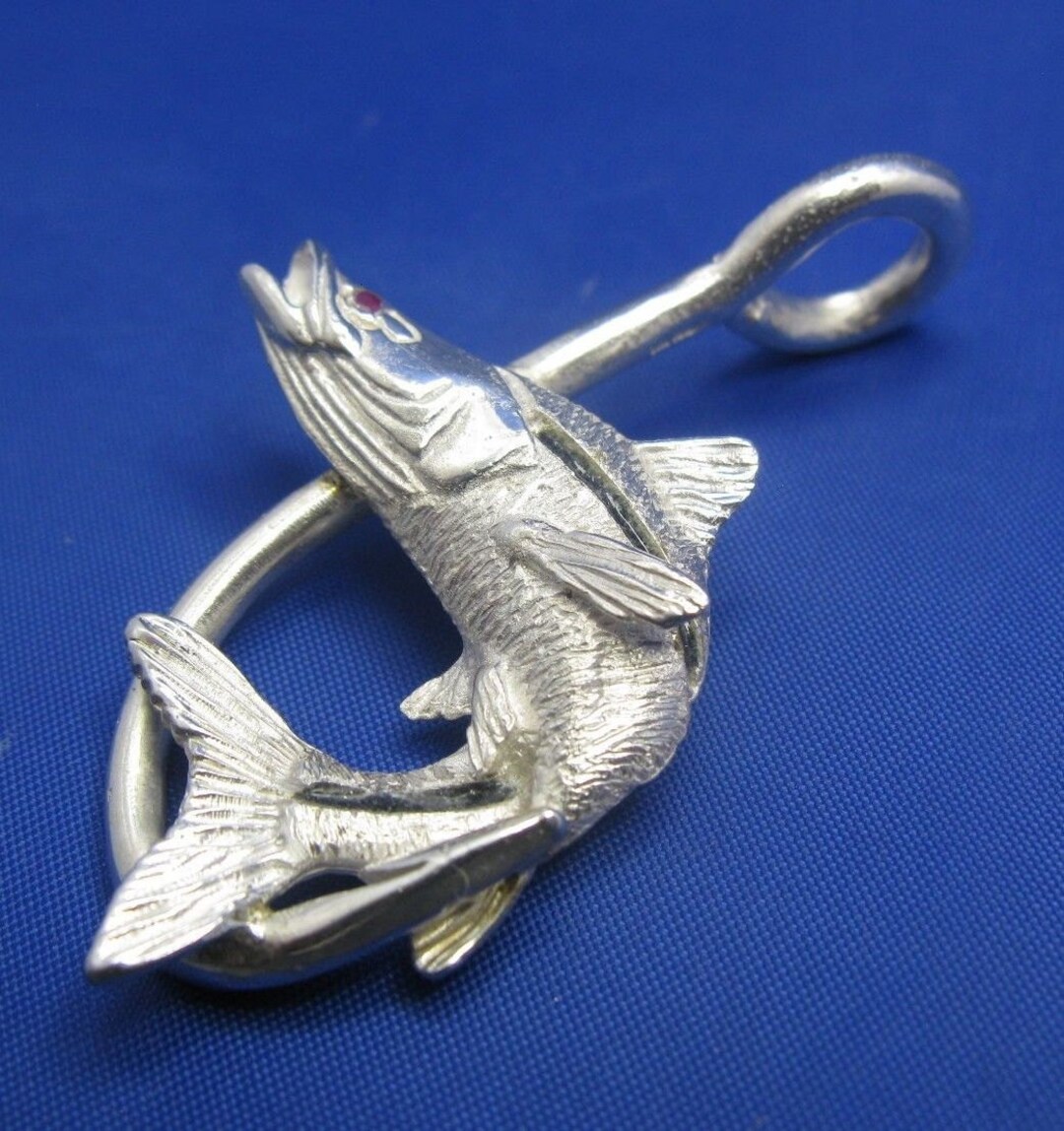 Large Unique Sterling Silver Curved Snook With Red Eye and Fish Hook ...