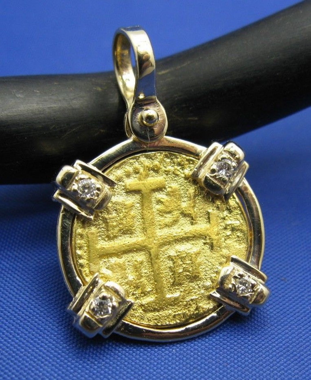 Solid 24k Gold Escudo Reproduction in Custom 14k Genuine Diamond Bezel ...