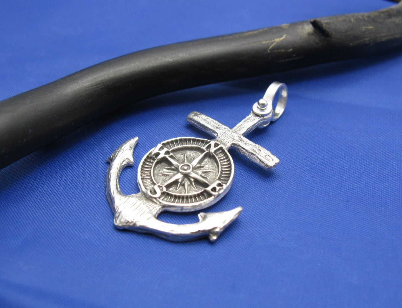 Sterling Silver Nautical Wood Anchor and Compass Pendant With | Etsy