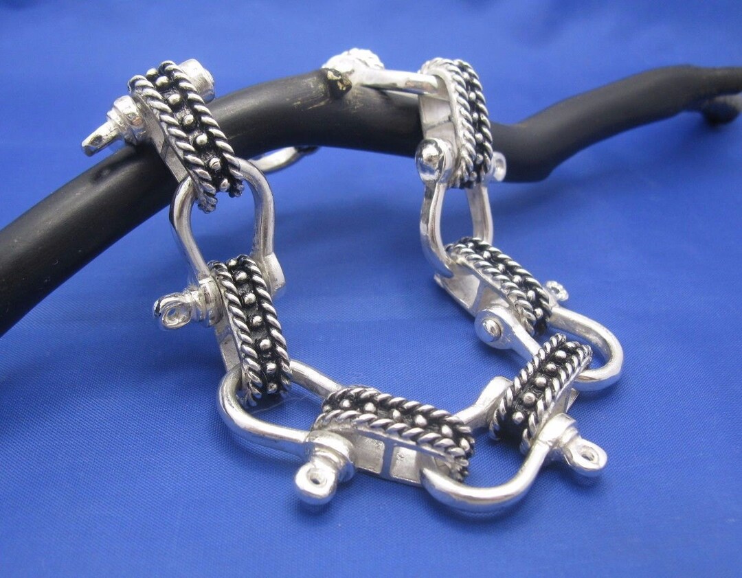 Sterling Silver Nautical Shackle Bracelet: Wide Beaded Rope Link - Etsy