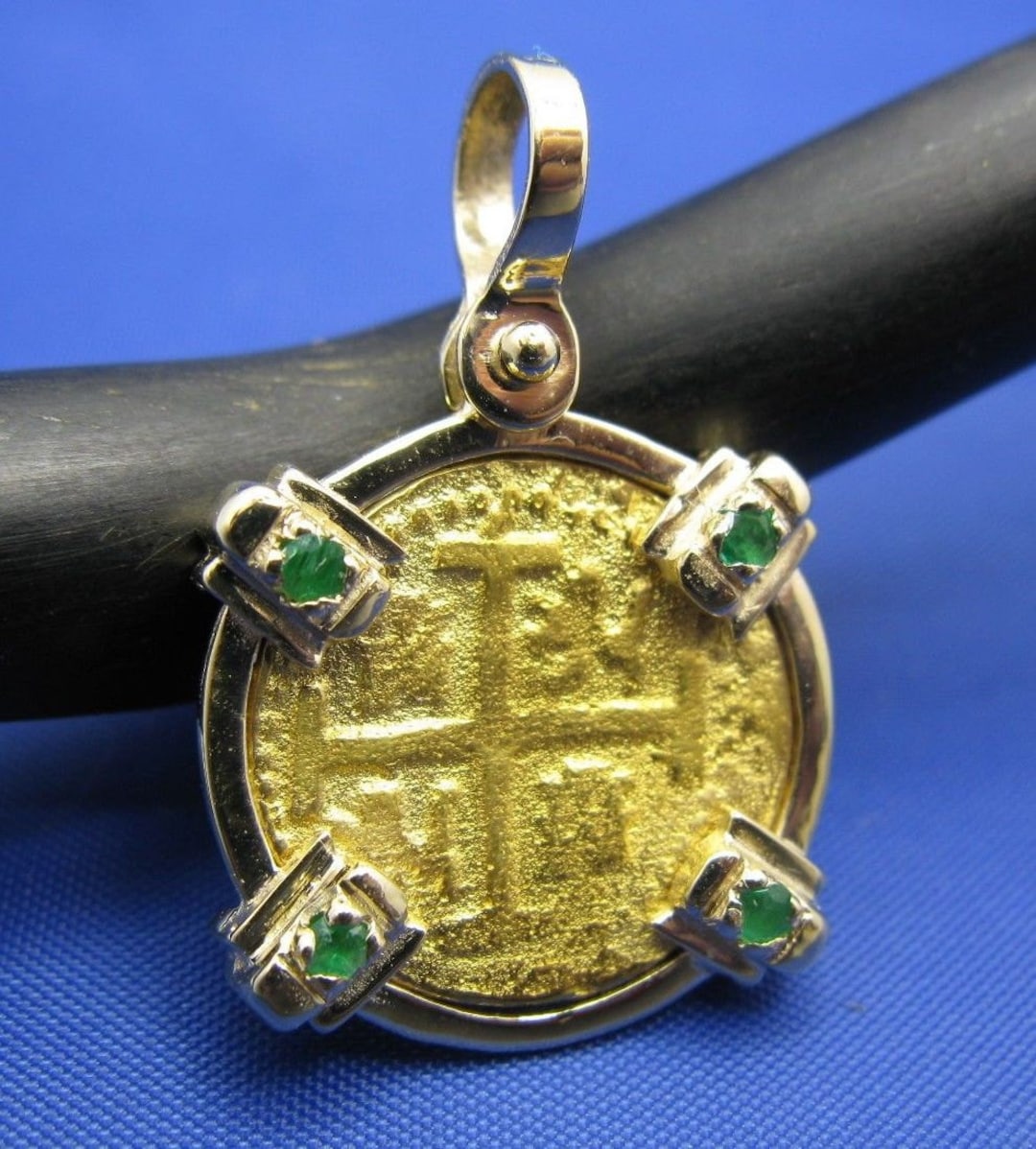 24k Gold Escudo Coin Pendant: 14k Emerald Bezel, Nautical Replica - Etsy
