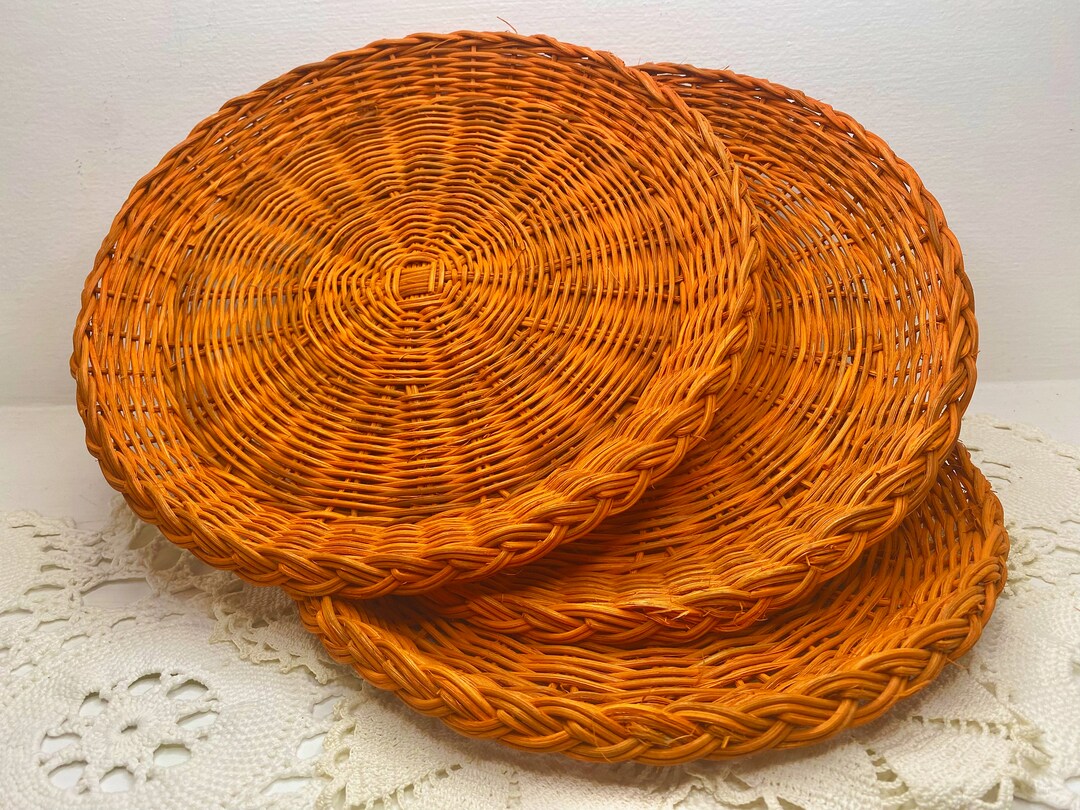 1970s Orange Wicker Rattan Paper Plate Holders 3pc - Etsy