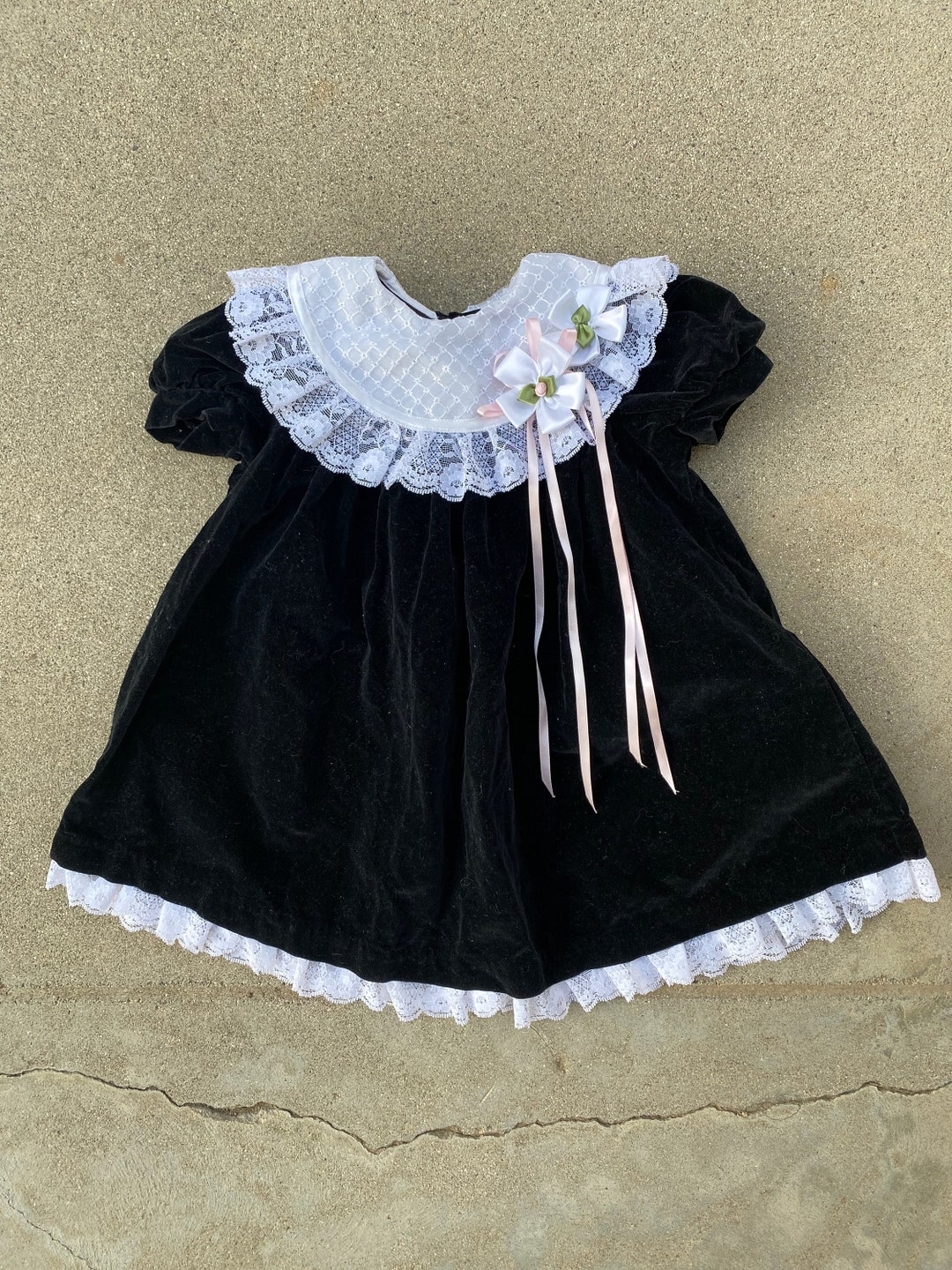 1980s Black Velvet Lace Bib Collar Dress 2T - Etsy