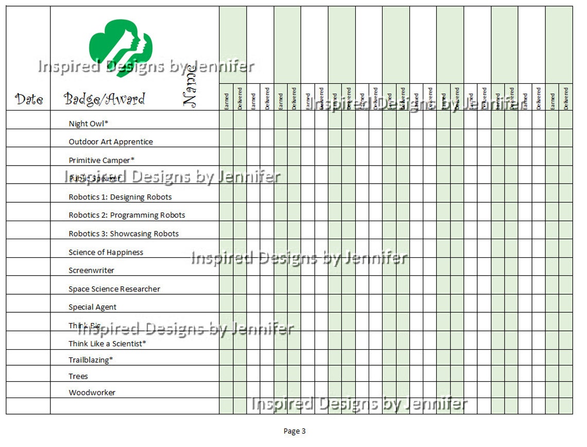 Girl Scout Cadette Badge/award Tracker Instant Download - Updated With ...