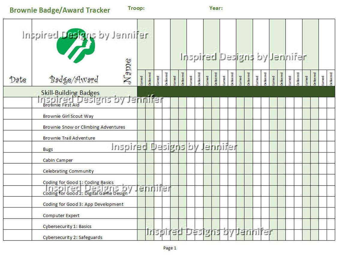 Brownie Girl Scout Badge/award Tracker Instant Download Printable ...