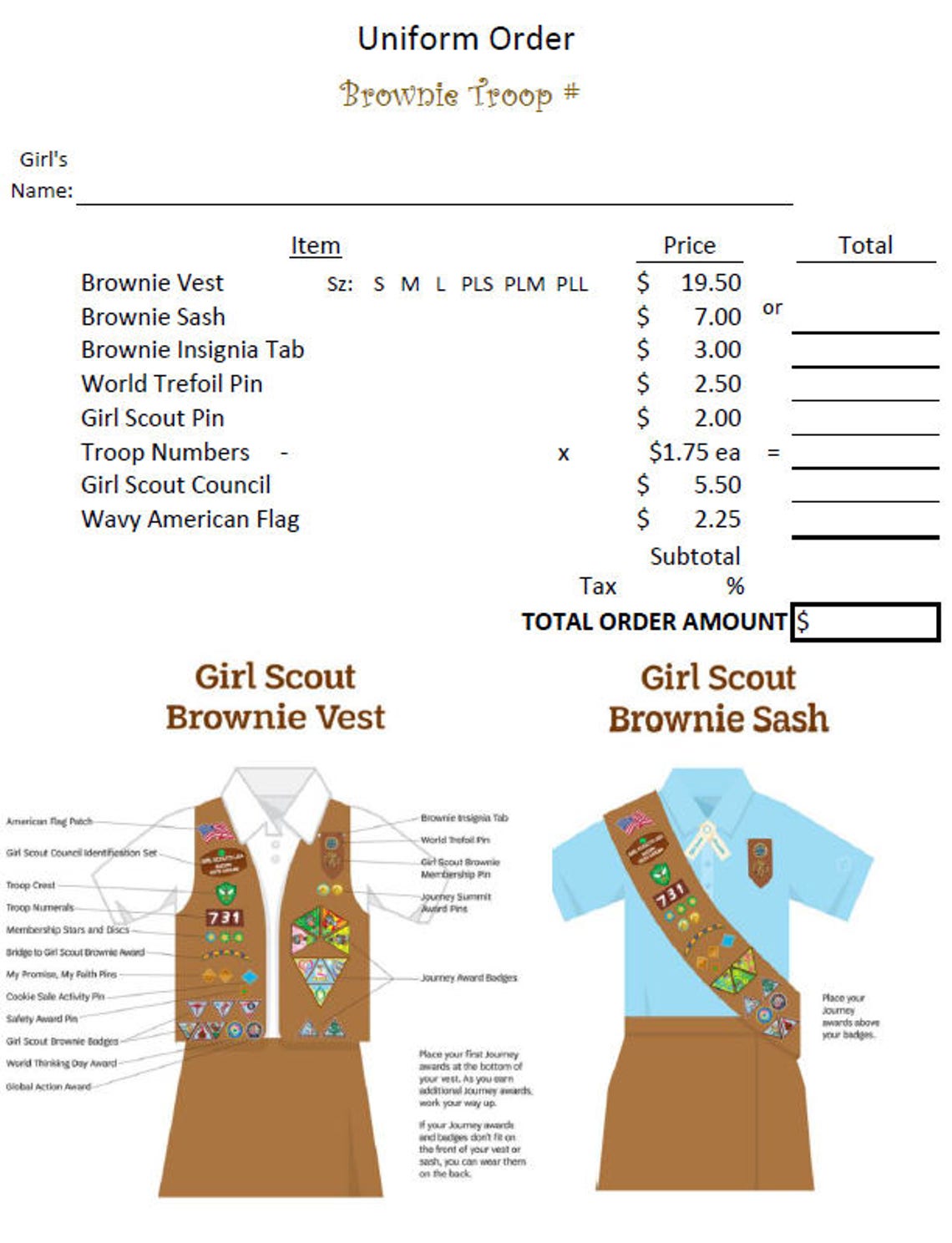 Brownie Girl Scouts Downloadable Troop Uniform Order Form | Etsy