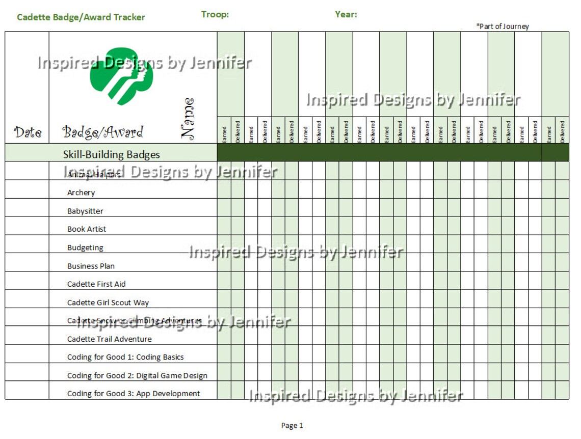 Girl Scout Cadette Badge/award Tracker Instant Download - Updated With ...