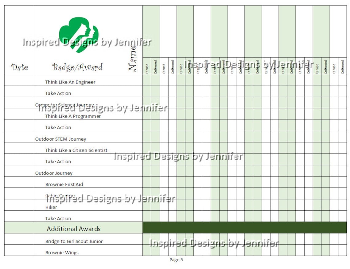 Brownie Girl Scout Badge/award Tracker Instant Download Printable ...