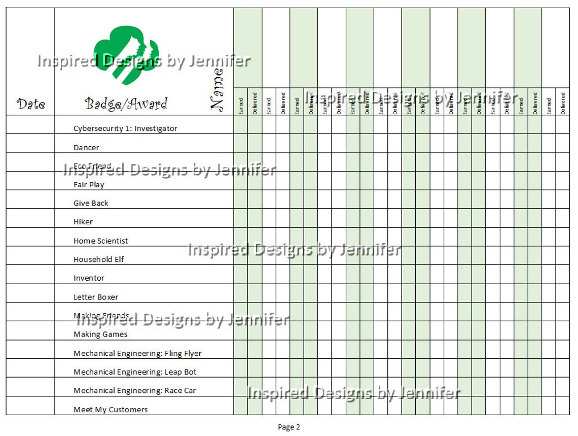Brownie Girl Scout Badge/award Tracker Instant Download Printable ...