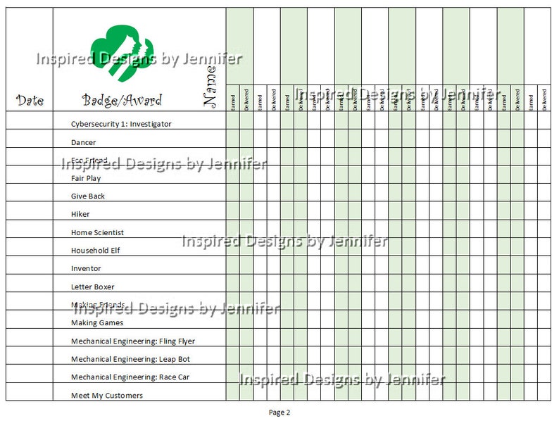 Brownie Girl Scout Badge/award Tracker Instant Download Printable ...