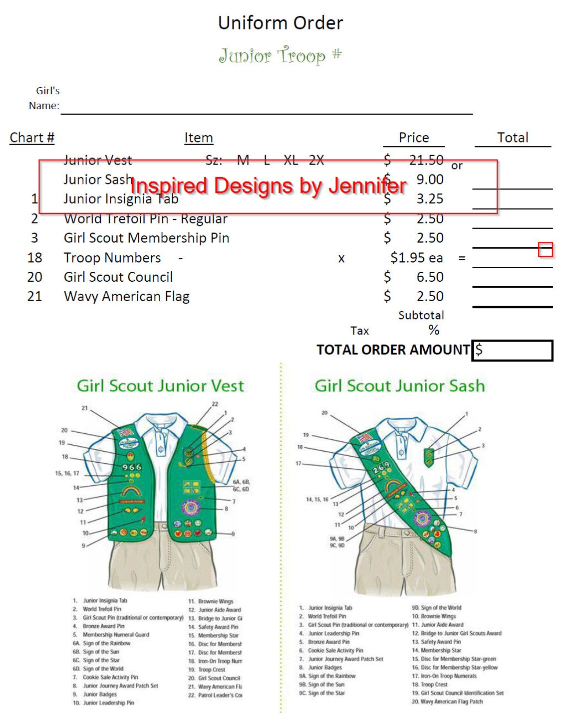 Junior Girl Scouts Downloadable Troop Uniform Order Form-updated 2023 ...
