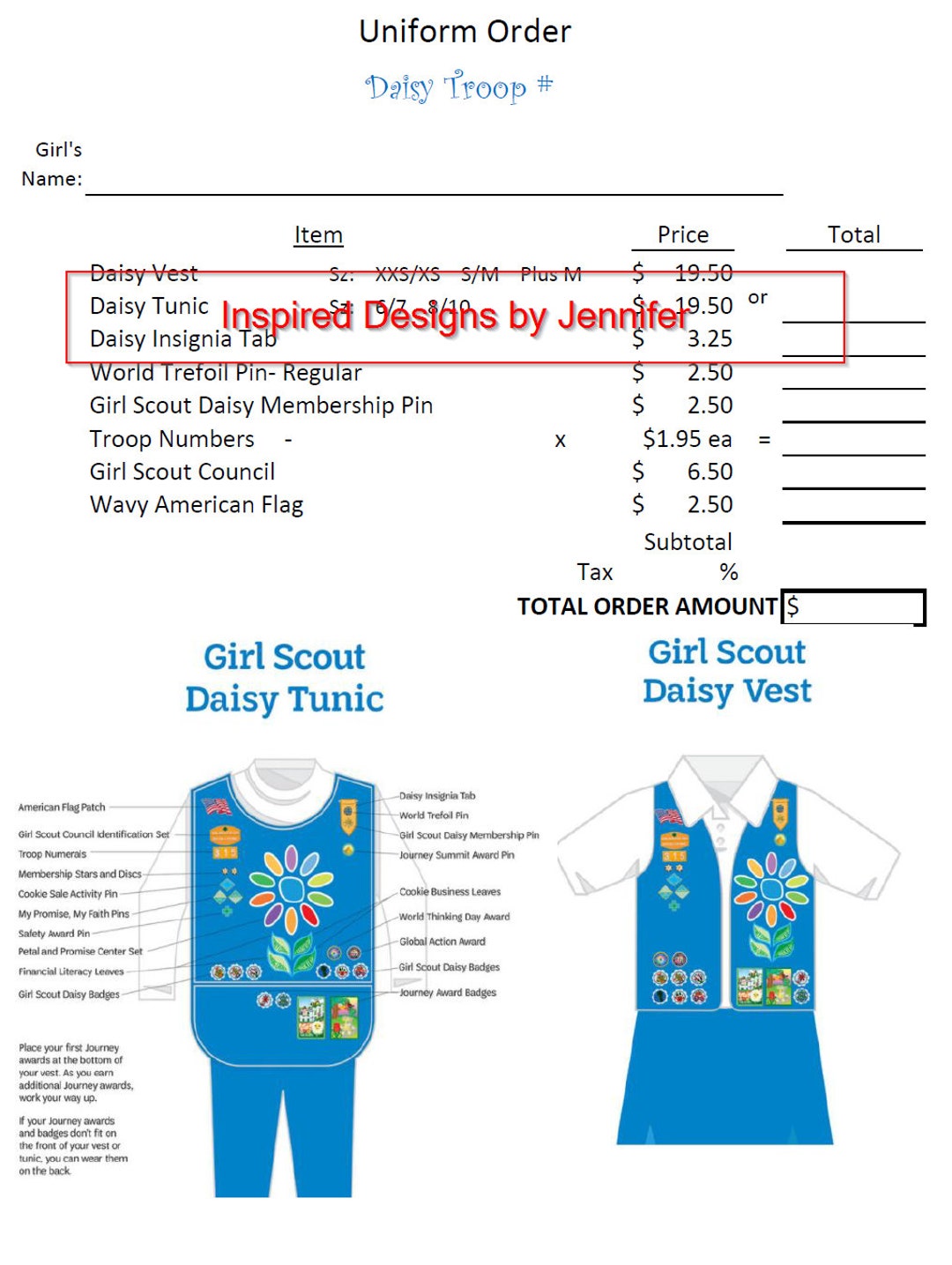 Daisy Girl Scouts Downloadable Troop Uniform Order Form-updated 2023 ...