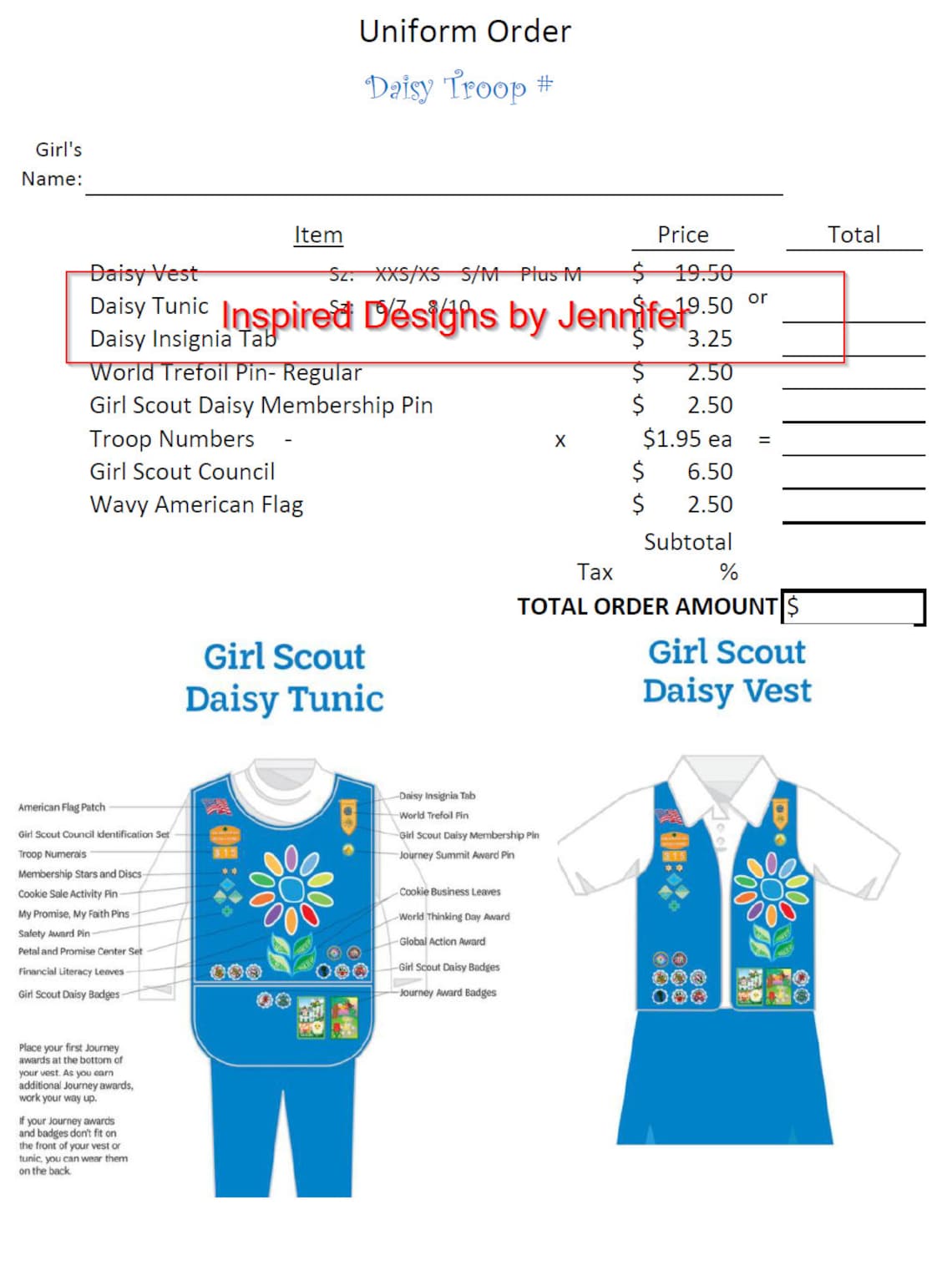Daisy Girl Scouts Downloadable Troop Uniform Order Form-updated 2023 ...