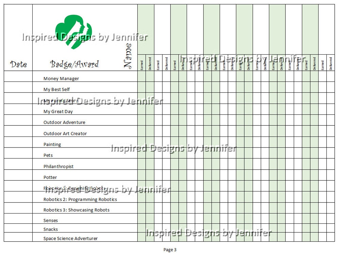Brownie Girl Scout Badge/award Tracker Instant Download Printable ...