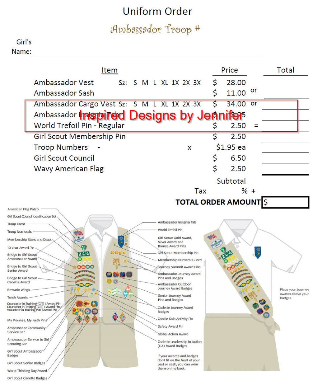 Ambassador Girl Scouts Downloadable Troop Uniform Order Form-updated ...