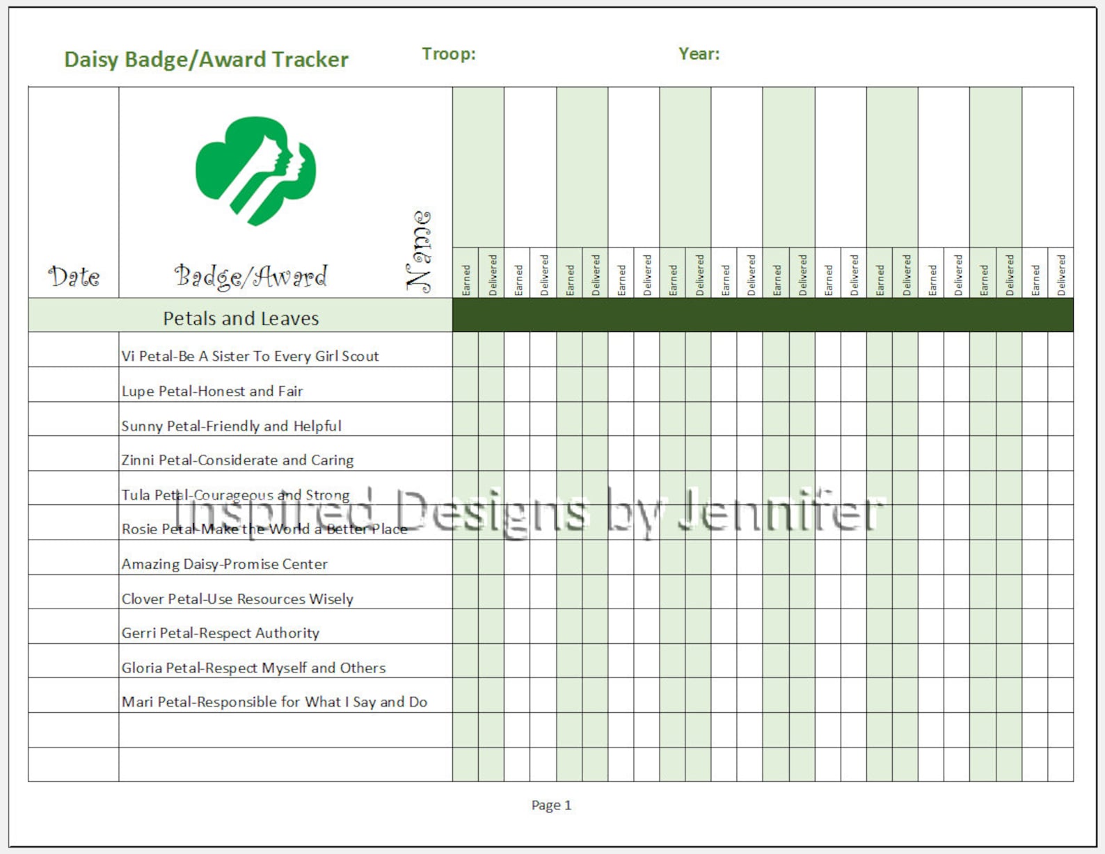Girl Scout Daisy Badge/award Tracker Instant Download Printable ...