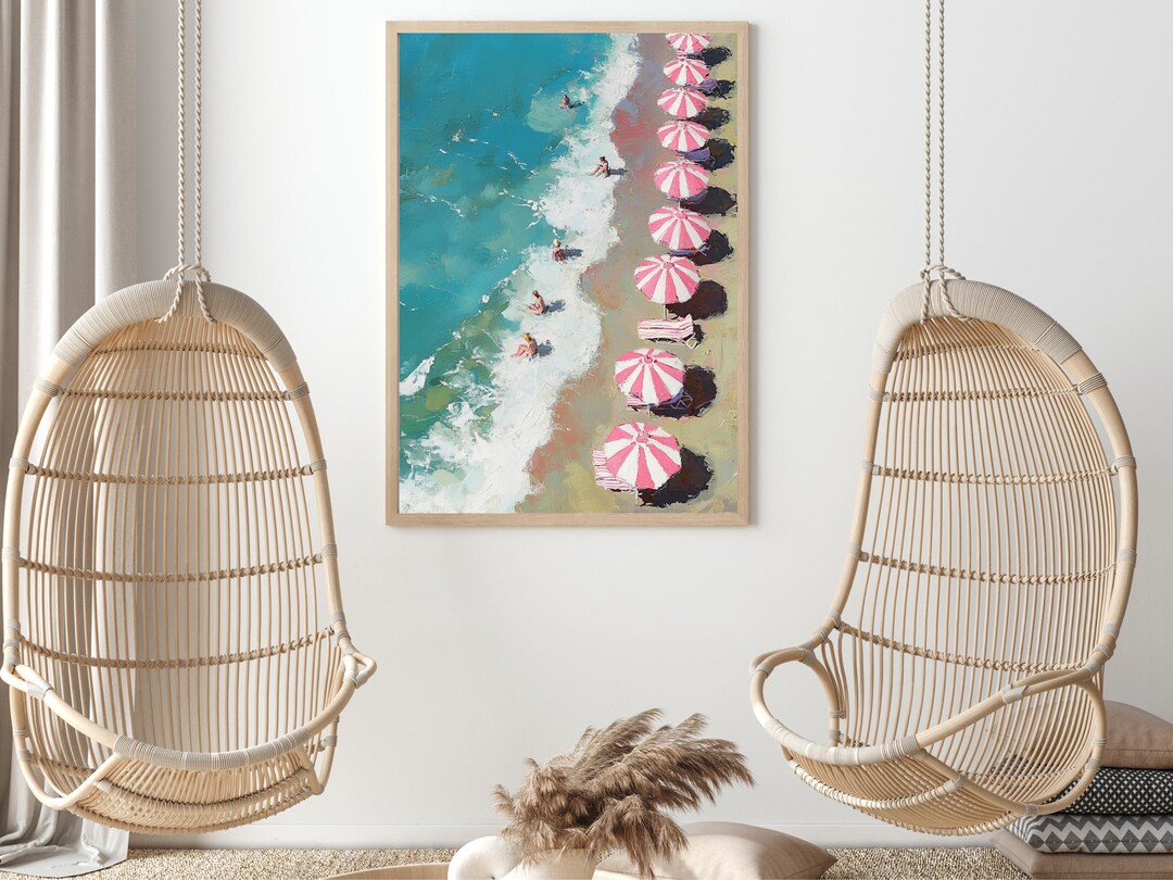 Pink Beach Umbrella Art, Retro Beach Posters, Pink Beach Umbrella ...