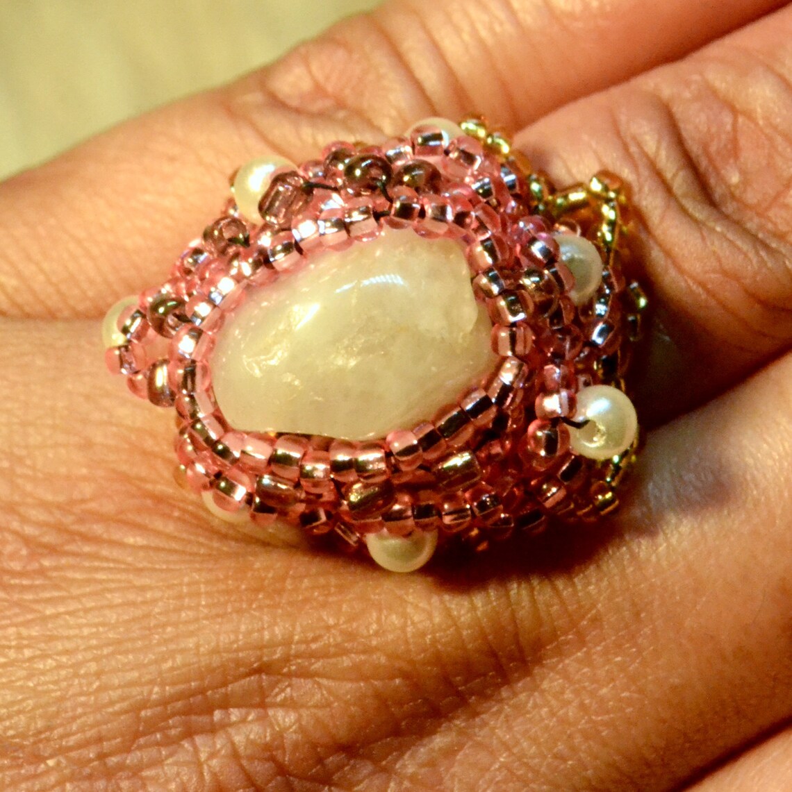 Beaded Ring - White Polished Stone - Pink, Gold Glass Beads, Pearls ...