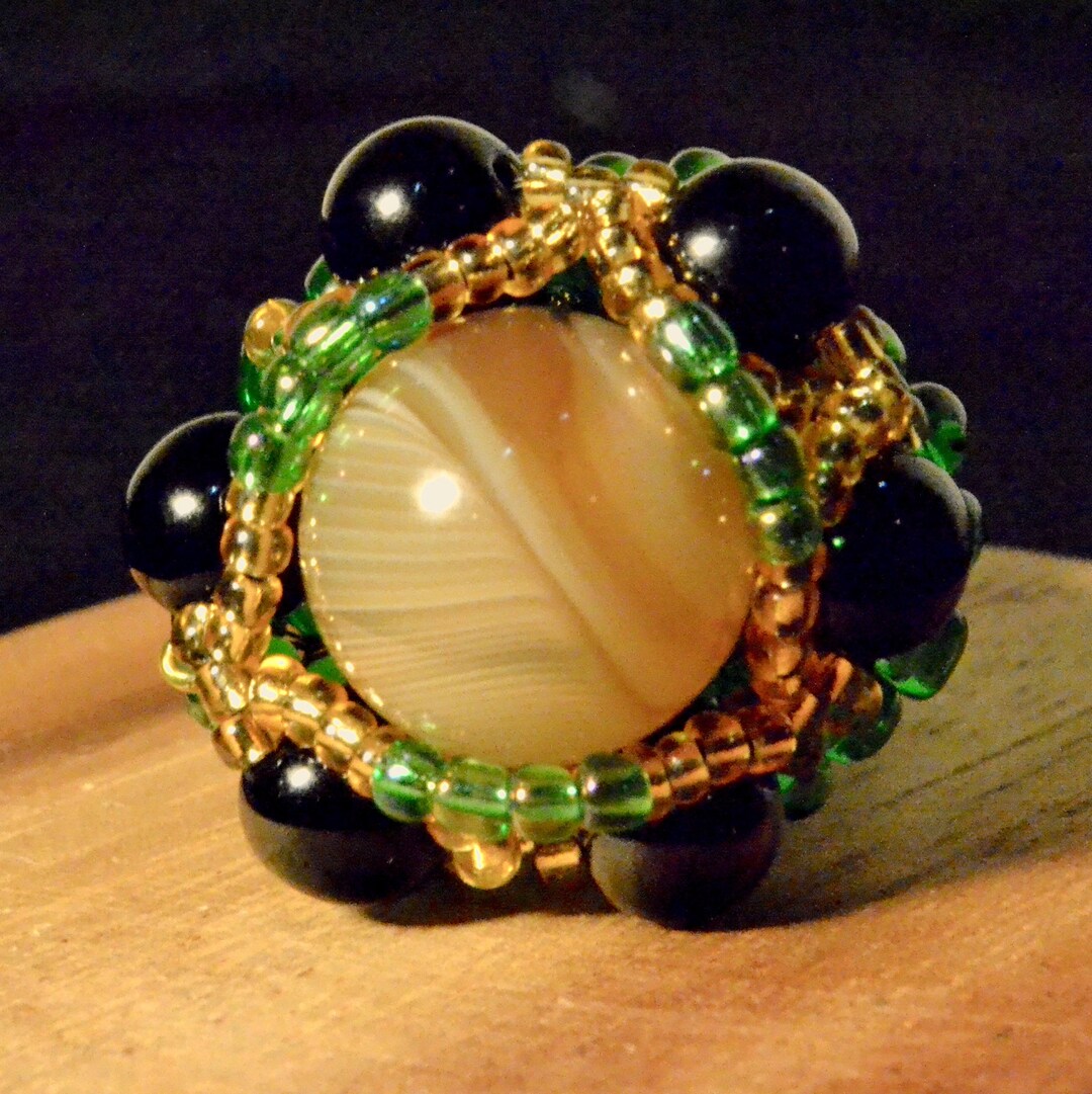 Beaded Ring - Glass Marble - Black Pearl, Gold and Green Glass Beads ...