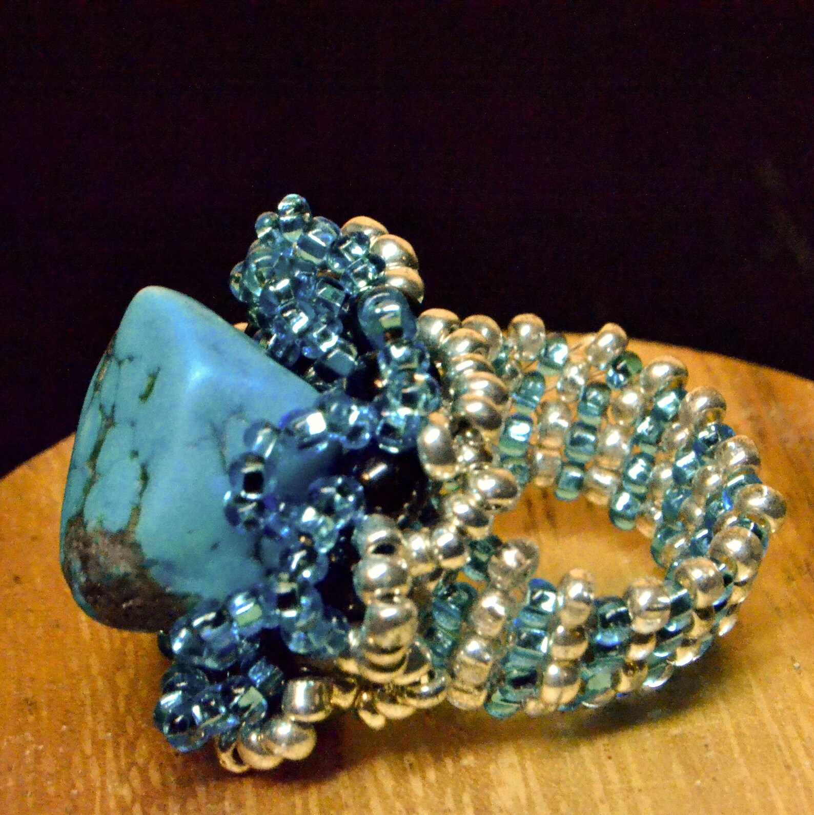 Beaded Ring - Turquoise Reconstituted Stone - Blue, Silver, Black Glass ...