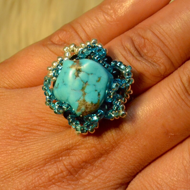 Beaded Ring - Turquoise Reconstituted Stone - Blue, Silver, Black Glass ...