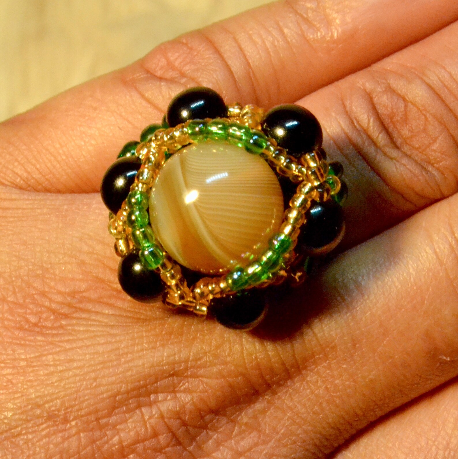 Beaded Ring - Glass Marble - Black Pearl, Gold and Green Glass Beads ...