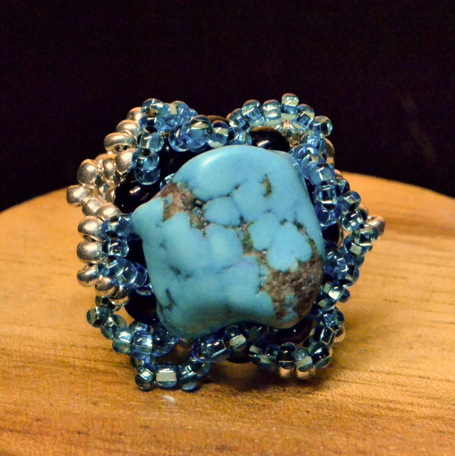 Beaded Ring - Turquoise Reconstituted Stone - Blue, Silver, Black Glass ...