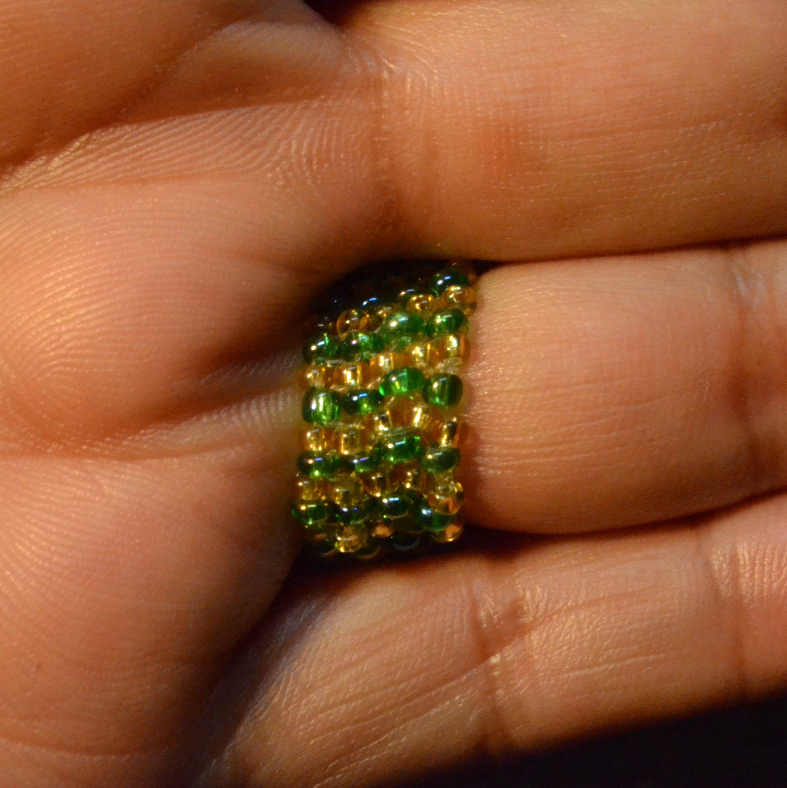 Beaded Ring - Glass Marble - Black Pearl, Gold and Green Glass Beads ...