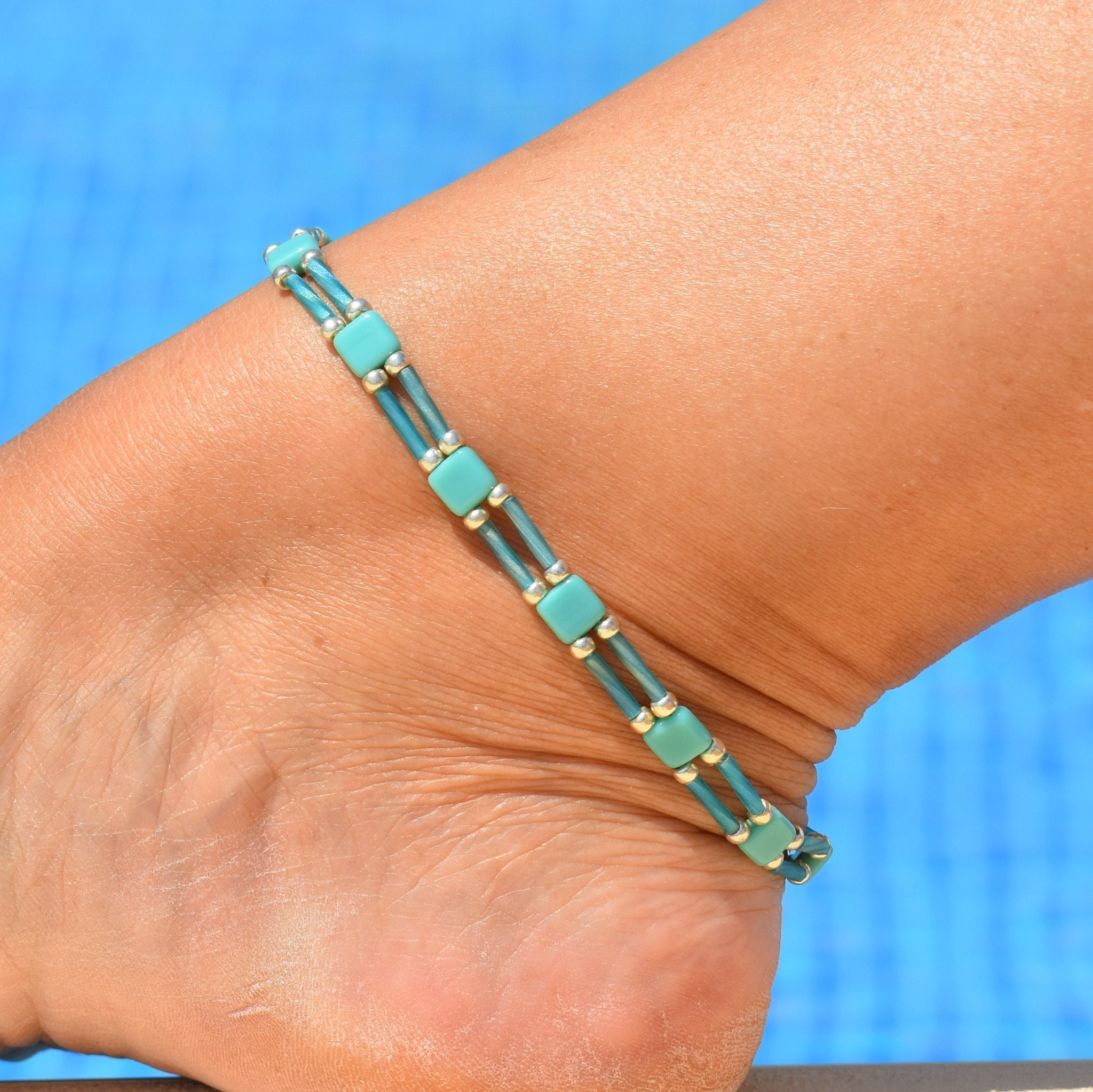 Ankle Bracelet Turquoise Beaded Anklet Ladder Chain Ankle Etsy