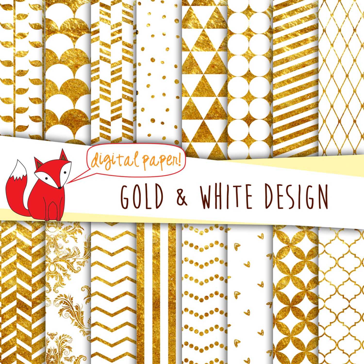 Gold Digital Paper White and Gold Foil printable Pack - Etsy